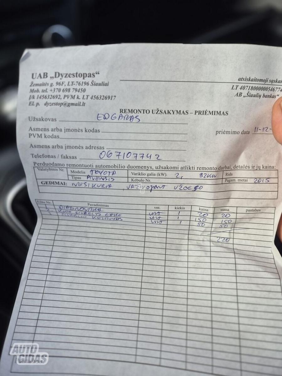 Белый Тойота Авенсис 2016 в Шяуляй, объемом двигателя 2.00 л и пробегом 273 тыс. км за 4800 €, фото 16 на AUTOMOTO.COM.LV