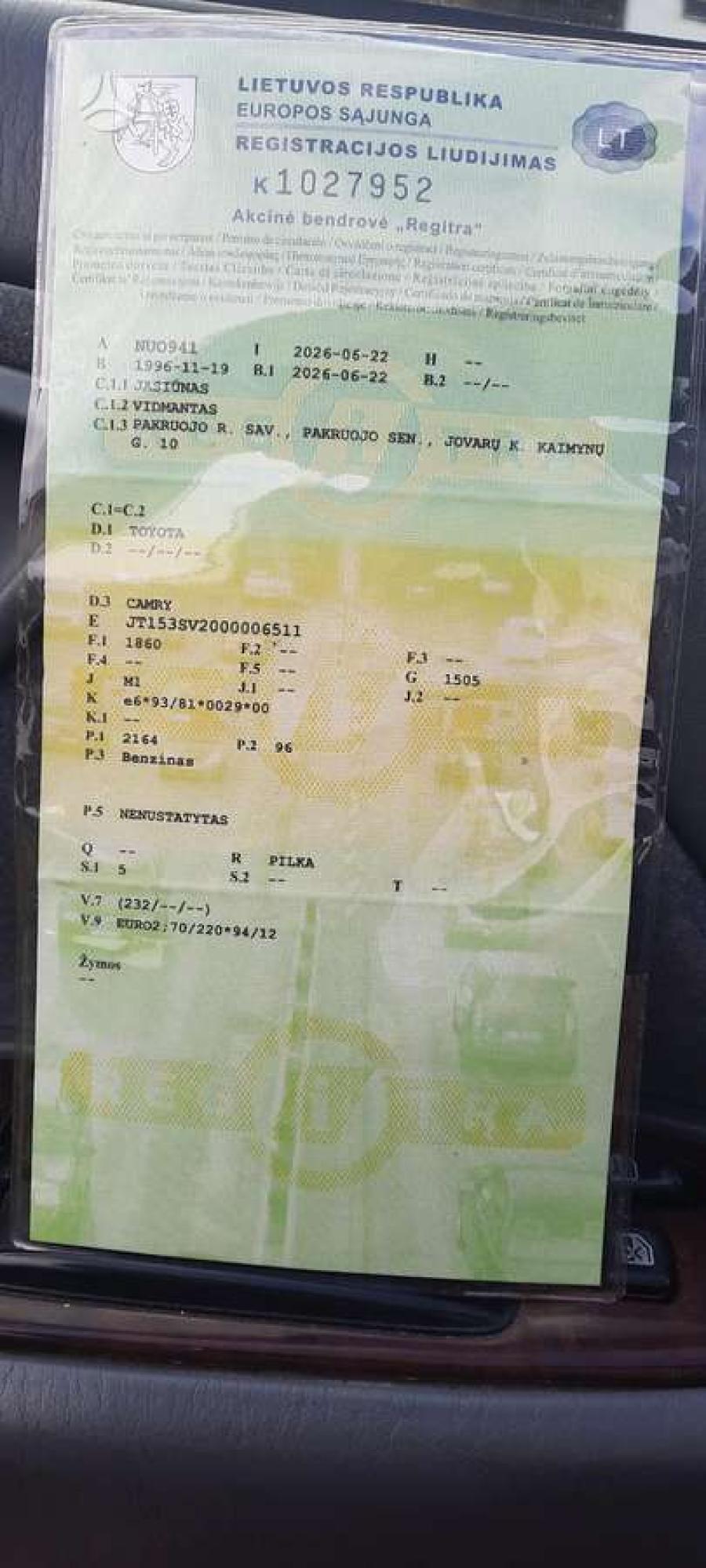 Серый Тойота Камри 1996 в Паневежис, объемом двигателя 2.16 л и пробегом 3 тыс. км за 4500 €, фото 11 на AUTOMOTO.COM.LV
