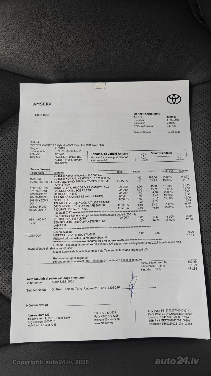 Белый Тойота Камри 2020 в Тарту, объемом двигателя 2.50 л и пробегом 128 тыс. км за 22190 €, фото 19 на AUTOMOTO.COM.LV