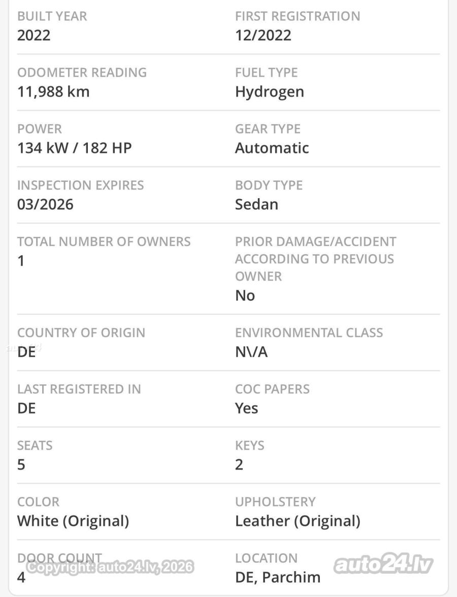 White Toyota Mirai 2022 in Tallinn, with an engine capacity of 0.00 L and mileage of 12 thousand km for 16995 €, photo 22 on AUTOMOTO.COM.LV