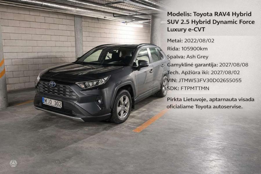 Grey Toyota RAV4 2022 in Vilnius, with an engine capacity of 2.49 L and mileage of 106 thousand km for 27299 €, photo 1 on AUTOMOTO.COM.LV