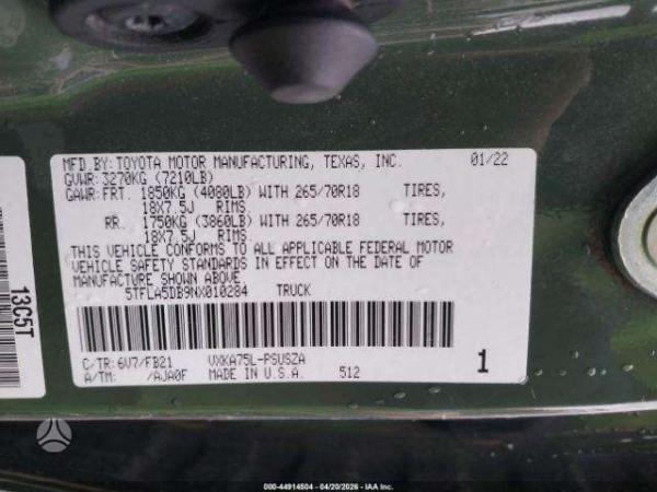 Zaļš Toyota Tundra 2022 Klaipėda, ar dzinēja tilpumu 3.45 L un nobraukumu 62 tūkst. km par 18995 €, foto 9 vietnē AUTOMOTO.COM.LV