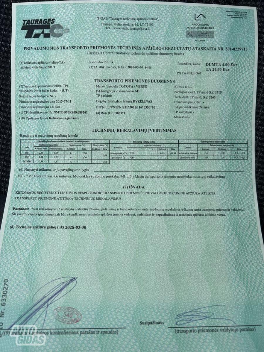 Тойота Версо 2013 в Юрбаркас, объемом двигателя 2.00 л и пробегом 306 тыс. км за 5550 €, фото 19 на AUTOMOTO.COM.LV