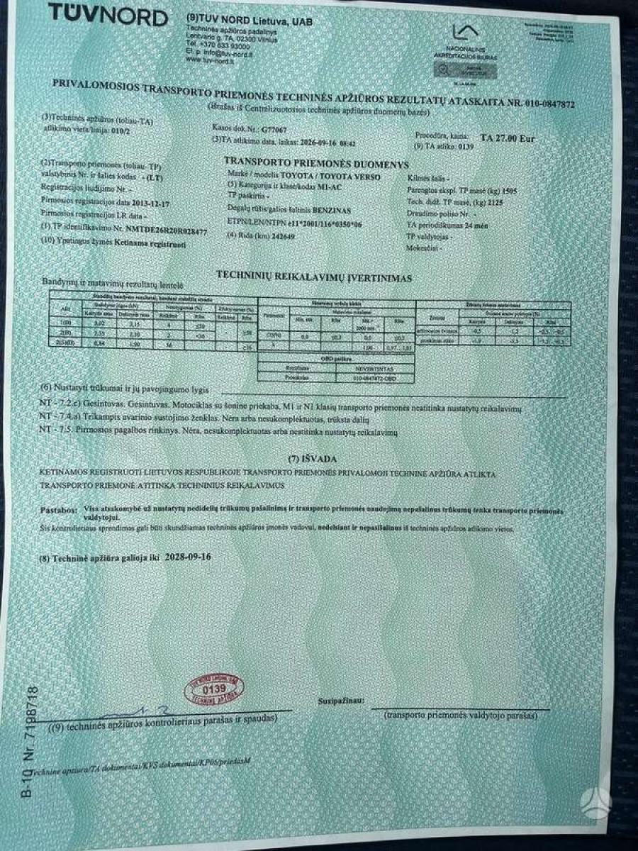 Белый Тойота Версо 2013 в Вильнюс, объемом двигателя 1.60 л и пробегом 242 тыс. км за 6350 €, фото 23 на AUTOMOTO.COM.LV