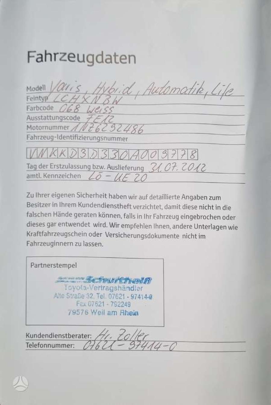Белый Тойота Ярис 2012 в Шяуляй, объемом двигателя 1.50 л и пробегом 159 тыс. км за 7600 €, фото 24 на AUTOMOTO.COM.LV