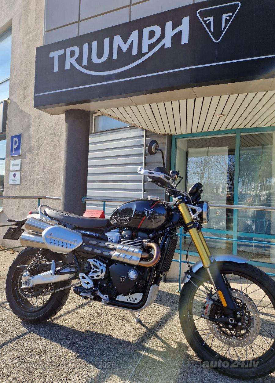 Melns Triumph Scrambler 2025 Tallina, ar dzinēja tilpumu 1.20 L un nobraukumu 6 tūkst. km par 12900 €, foto 1 vietnē AUTOMOTO.COM.LV
