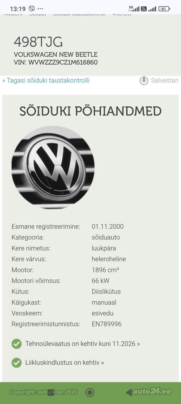 Volkswagen Beetle 2000 in Tartu, with an engine capacity of 1.90 L and mileage of 0 thousand km for 1999 €, photo 11 on AUTOMOTO.COM.LV