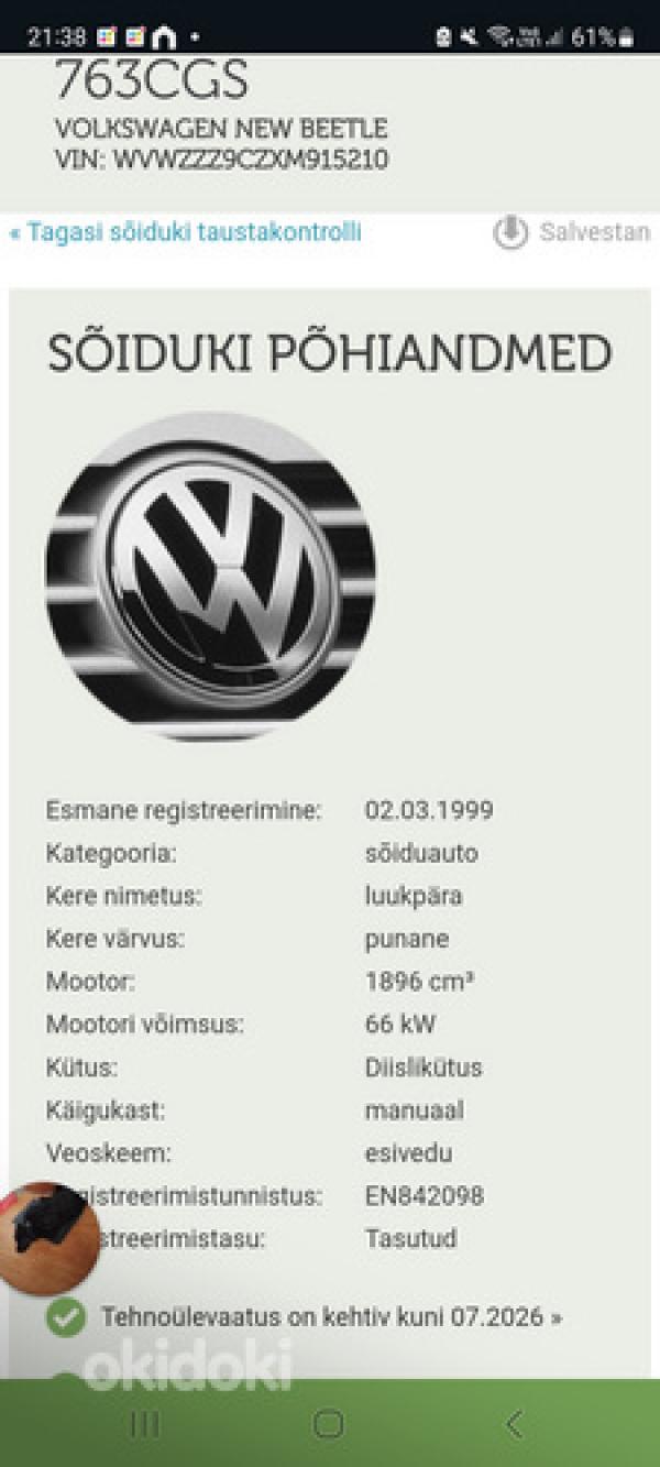Sarkans Volkswagen Beetle 1999 Rakvere, ar dzinēja tilpumu 1.90 L un nobraukumu 0 tūkst. km par 1500 €, foto 10 vietnē AUTOMOTO.COM.LV