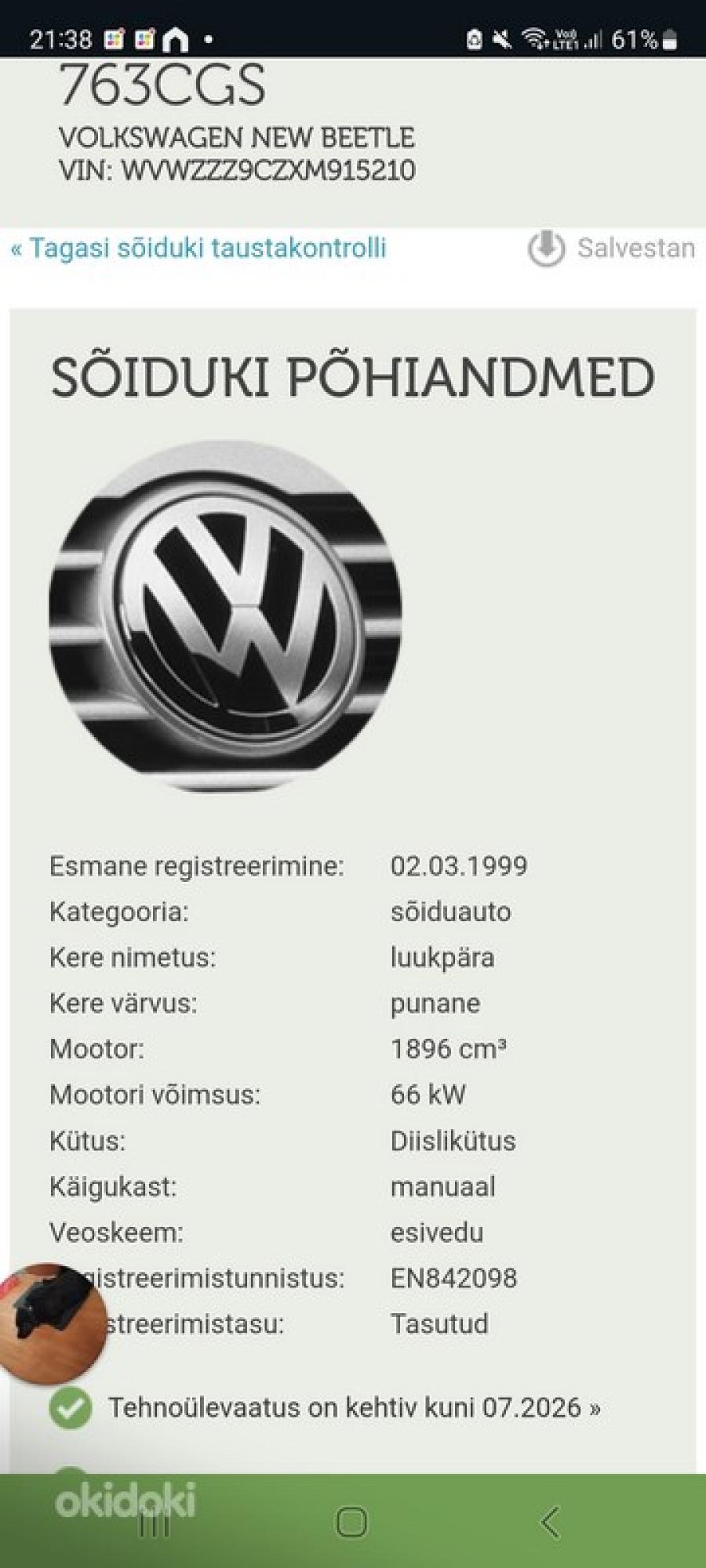 Красный Фольксваген Битл 1999 в Раквере, объемом двигателя 1.90 л и пробегом 0 тыс. км за 1500 €, фото 19 на AUTOMOTO.COM.LV