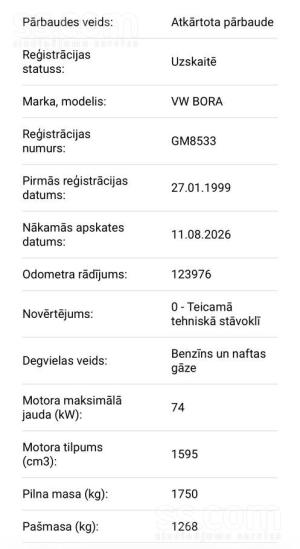 Volkswagen Bora 1999 Daugavpils, ar dzinēja tilpumu 1.60 L un nobraukumu 132 tūkst. km par 1600 €, foto 11 vietnē AUTOMOTO.COM.LV