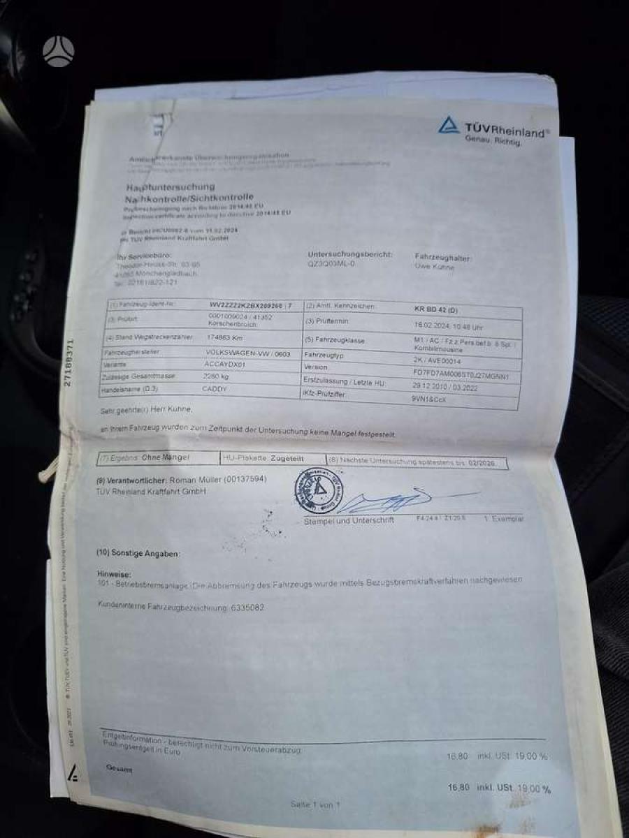 Черный Фольксваген Кадди 2011 в Юрбаркас, объемом двигателя 1.60 л и пробегом 182 тыс. км за 6350 €, фото 24 на AUTOMOTO.COM.LV
