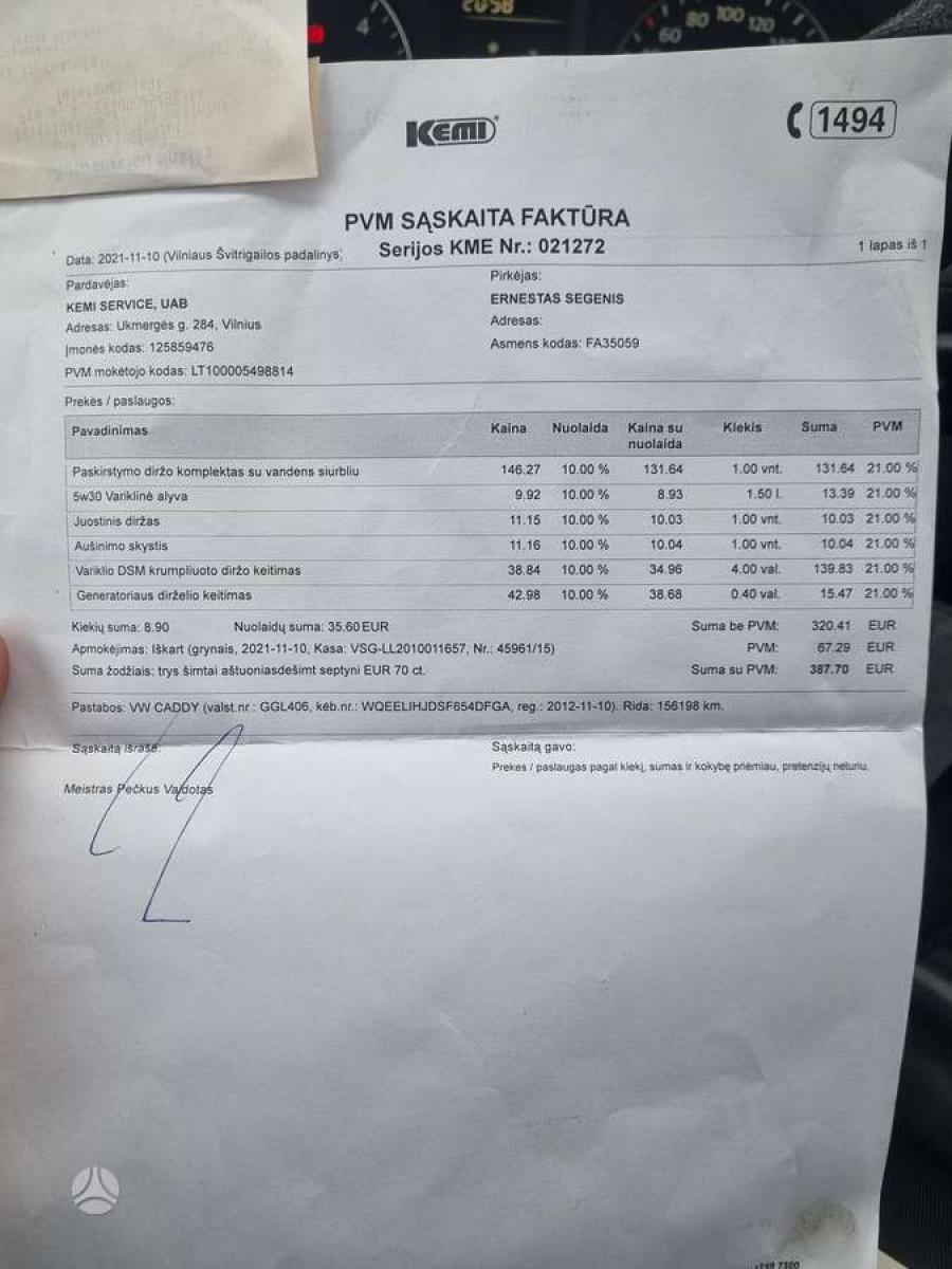 Белый Фольксваген Кадди 2012 в Вильнюс, объемом двигателя 1.60 л и пробегом 213 тыс. км за 3500 €, фото 11 на AUTOMOTO.COM.LV