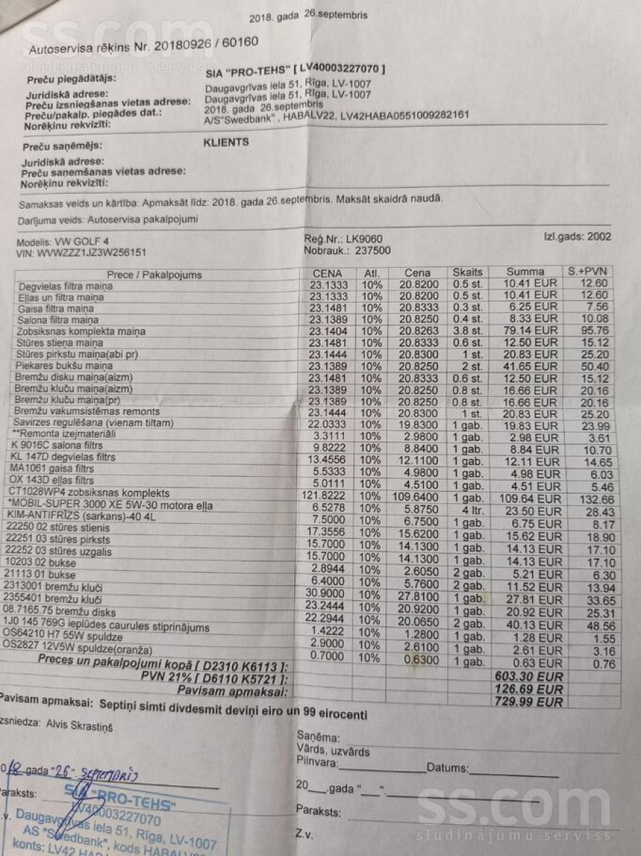 Melns Volkswagen Golf 2002 Rīga, ar dzinēja tilpumu 1.90 L un nobraukumu 270 tūkst. km par 1600 €, foto 10 vietnē AUTOMOTO.COM.LV