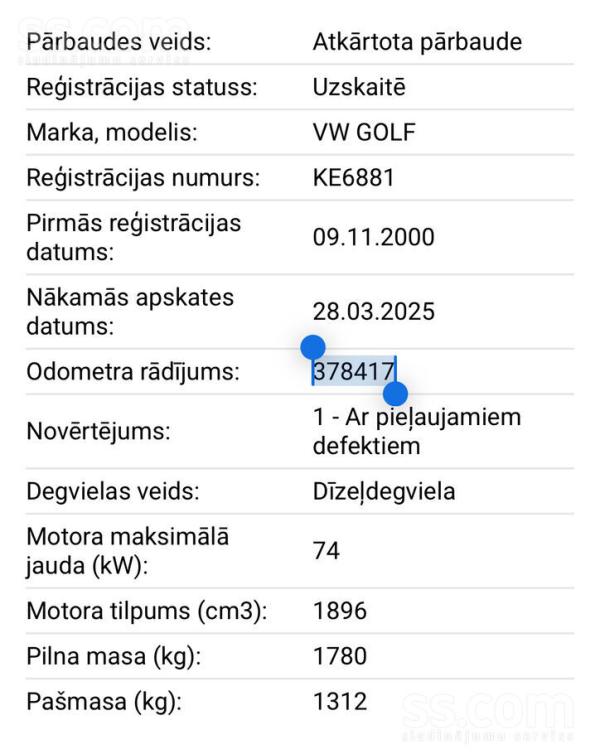 Синий Фольксваген Гольф 2000 в Огре, объемом двигателя 1.90 л и пробегом 378 тыс. км за 300 €, фото 5 на AUTOMOTO.COM.LV