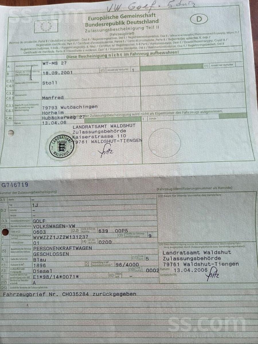 Синий Фольксваген Гольф 2001 в Бауска, объемом двигателя 1.90 л и пробегом 326 тыс. км за 2480 €, фото 22 на AUTOMOTO.COM.LV