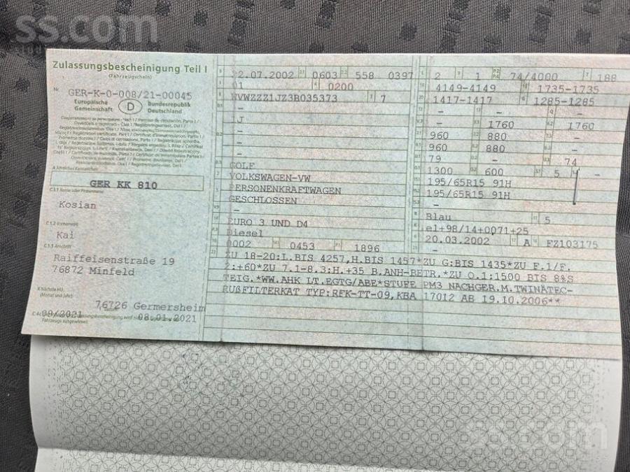 Синий Фольксваген Гольф 2002 в Бауска, объемом двигателя 1.90 л и пробегом 0 тыс. км за 2280 €, фото 25 на AUTOMOTO.COM.LV