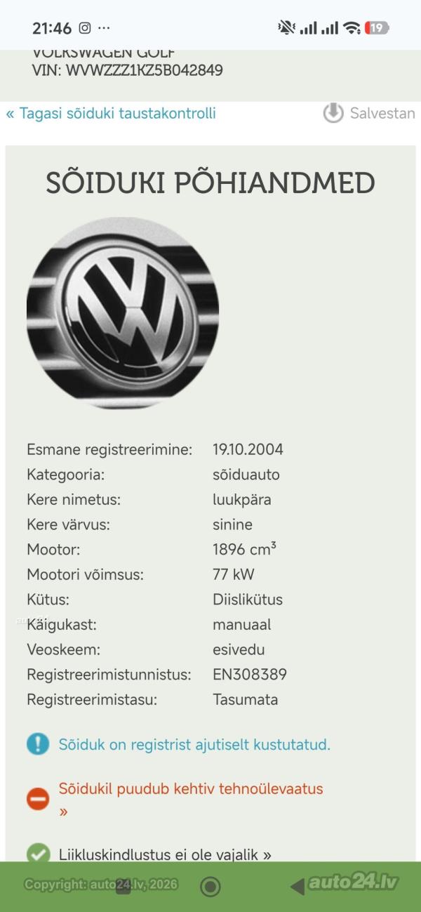 Zils Volkswagen Golf 2004 Tartu, ar dzinēja tilpumu 1.90 L un nobraukumu 275 tūkst. km par 999 €, foto 9 vietnē AUTOMOTO.COM.LV