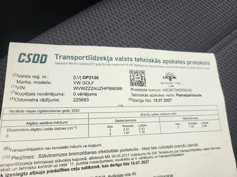 Blue Volkswagen Golf 2017 in Jelgava, with an engine capacity of 1.60 L and mileage of 226 thousand km for 7490 €, photo 28 on AUTOMOTO.COM.LV
