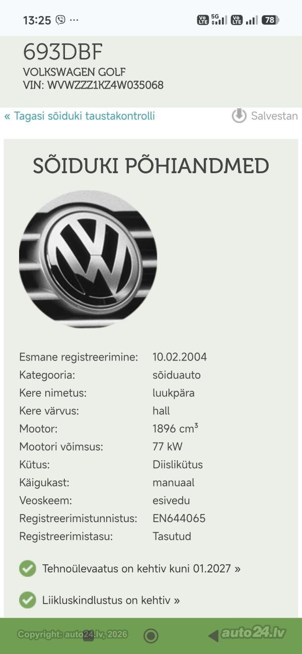 Grey Volkswagen Golf 2004 in Tartu, with an engine capacity of 1.90 L and mileage of 261 thousand km for 1699 €, photo 10 on AUTOMOTO.COM.LV