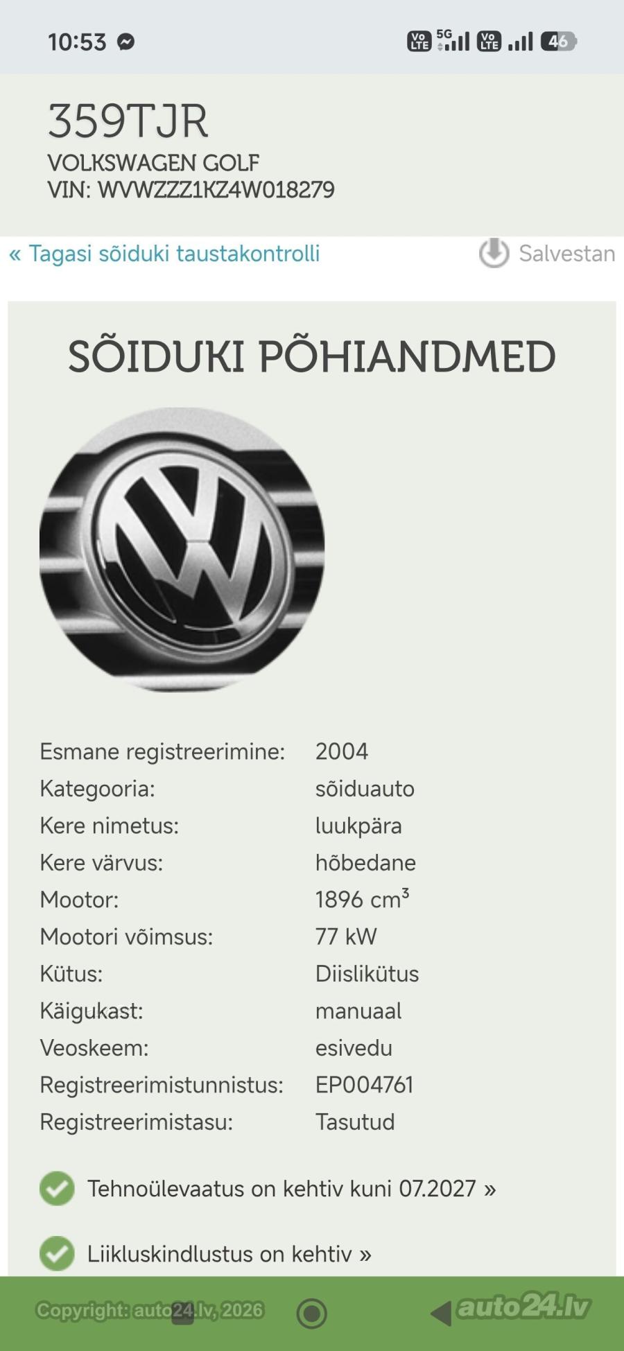 Серый Фольксваген Гольф 2004 в Тарту, объемом двигателя 1.90 л и пробегом 200 тыс. км за 1999 €, фото 14 на AUTOMOTO.COM.LV