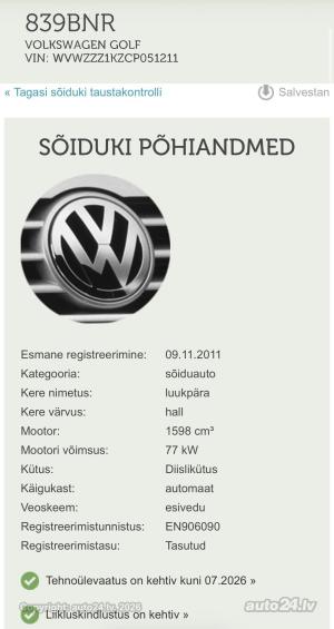 Grey Volkswagen Golf 2011 in Viljandi, with an engine capacity of 1.60 L and mileage of 348 thousand km for 2790 €, photo 25 on AUTOMOTO.COM.LV