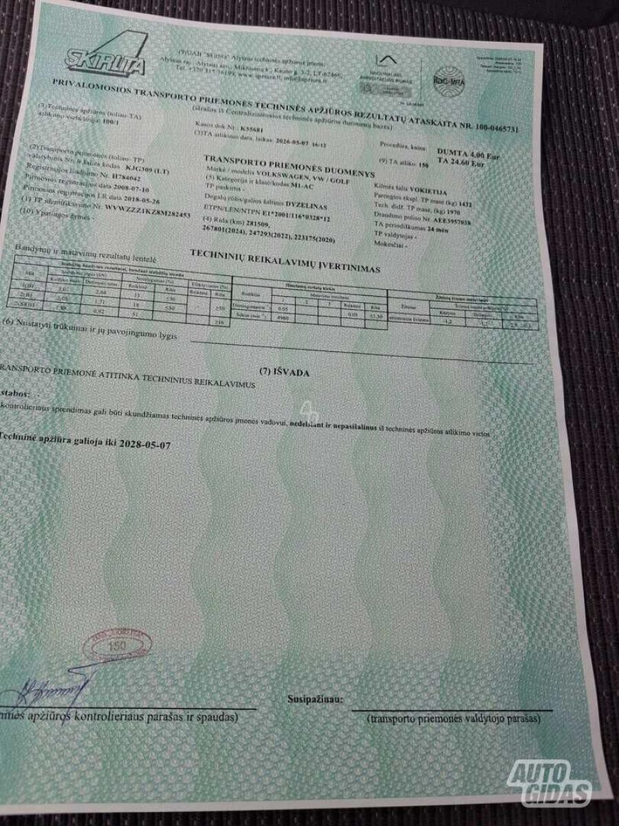 Серый Фольксваген Гольф 2008 в Алитус, объемом двигателя 1.90 л и пробегом 281 тыс. км за 2600 €, фото 16 на AUTOMOTO.COM.LV