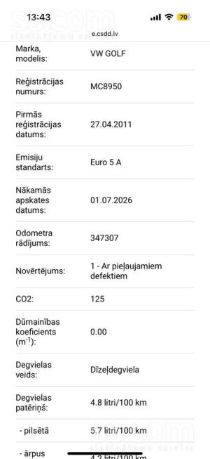 Серый Фольксваген Гольф 2011 в Рига, объемом двигателя 1.60 л и пробегом 347 тыс. км за 2850 €, фото 23 на AUTOMOTO.COM.LV