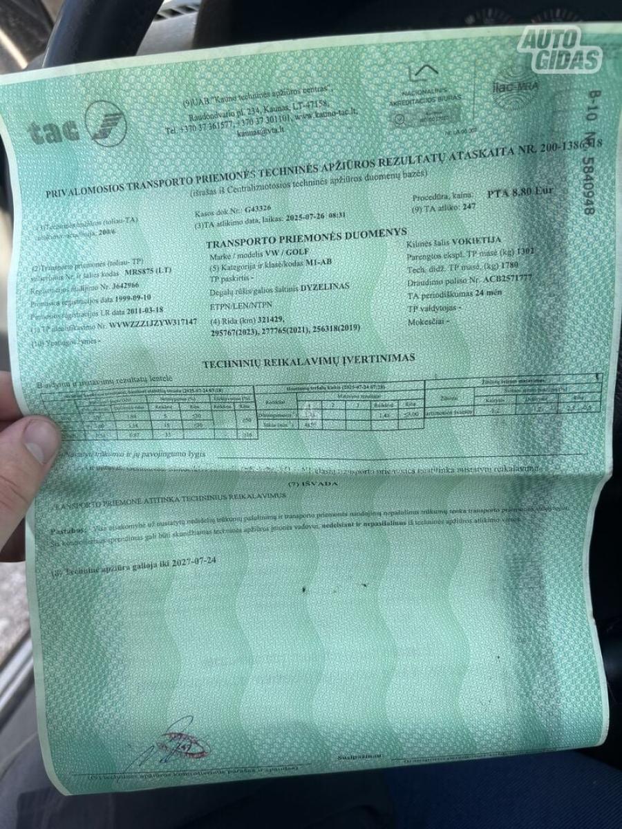 Фольксваген Гольф 1999 в Каунас, объемом двигателя 1.90 л и пробегом 304 тыс. км за 500 €, фото 6 на AUTOMOTO.COM.LV