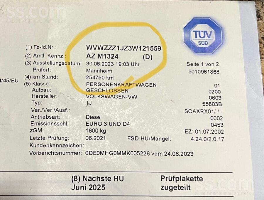 Volkswagen Golf 2002 in Daugavpils, with an engine capacity of 1.90 L and mileage of 275 thousand km for 1749 €, photo 23 on AUTOMOTO.COM.LV