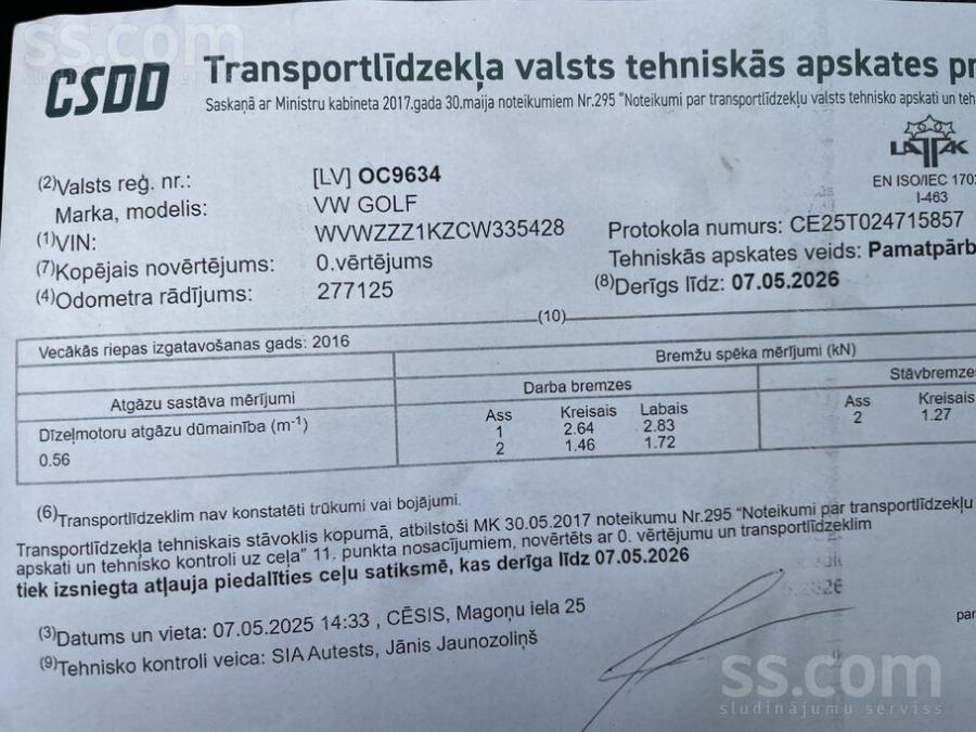 Volkswagen Golf 2012 Cēsis, ar dzinēja tilpumu 1.60 L un nobraukumu 277 tūkst. km par 4800 €, foto 22 vietnē AUTOMOTO.COM.LV