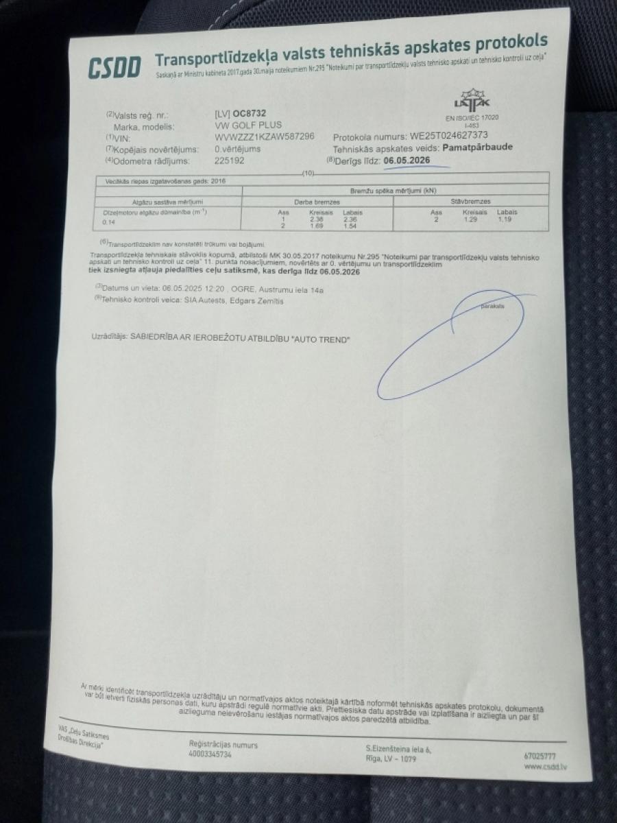 Grey Volkswagen Golf Plus 2011 in Riga, with an engine capacity of 1.60 L and mileage of 225 thousand km for 5570 €, photo 30 on AUTOMOTO.COM.LV