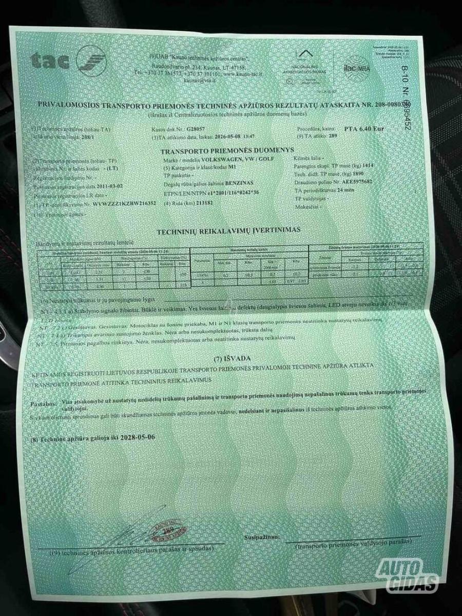 Белый Фольксваген Гольф 2011 в Вильнюс, объемом двигателя 2.00 л и пробегом 213 тыс. км за 6500 €, фото 9 на AUTOMOTO.COM.LV