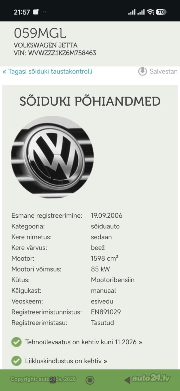 Beige Volkswagen Jetta 2006 in Tartu, with an engine capacity of 1.60 L and mileage of 240 thousand km for 1699 €, photo 11 on AUTOMOTO.COM.LV