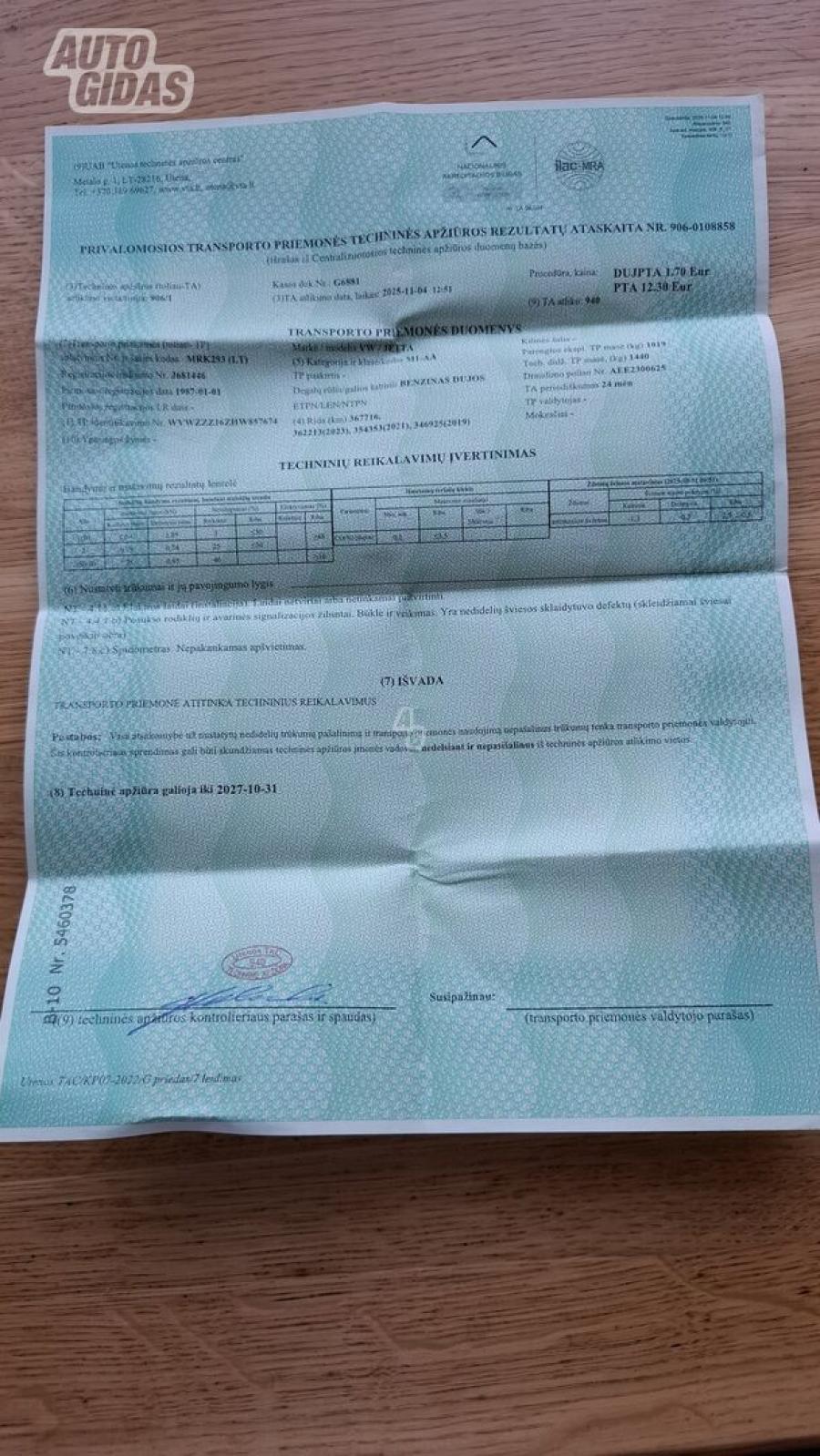 Фольксваген Джетта 1987 в Аникщяй, объемом двигателя 1.60 л и пробегом 0 тыс. км за 800 €, фото 7 на AUTOMOTO.COM.LV