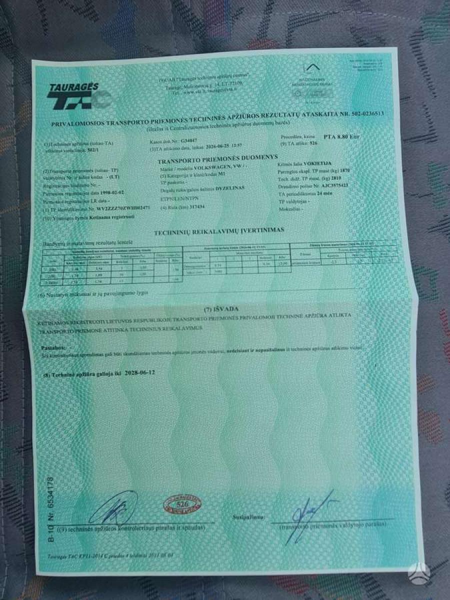 Синий Фольксваген Мультиван 1998 в Расейняй, объемом двигателя 2.46 л и пробегом 317 тыс. км за 4950 €, фото 19 на AUTOMOTO.COM.LV