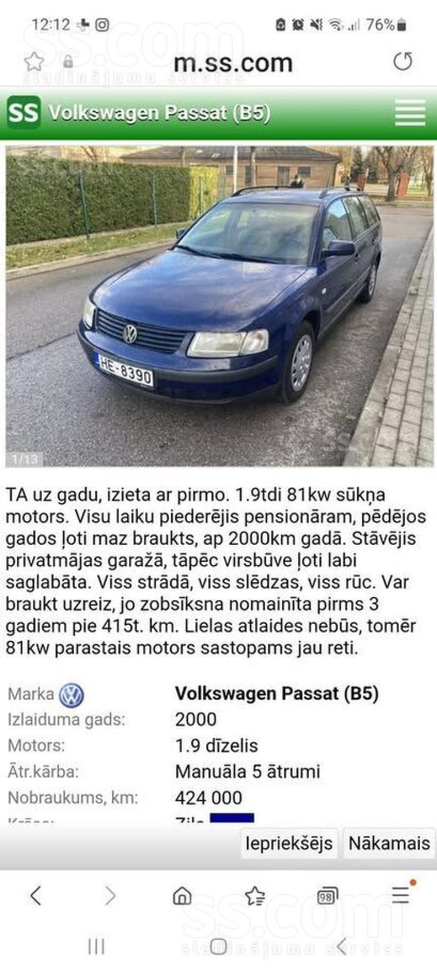Blue Volkswagen Passat B5 2000 in Riga, with an engine capacity of 1.90 L and mileage of 441 thousand km for 1450 €, photo 5 on AUTOMOTO.COM.LV