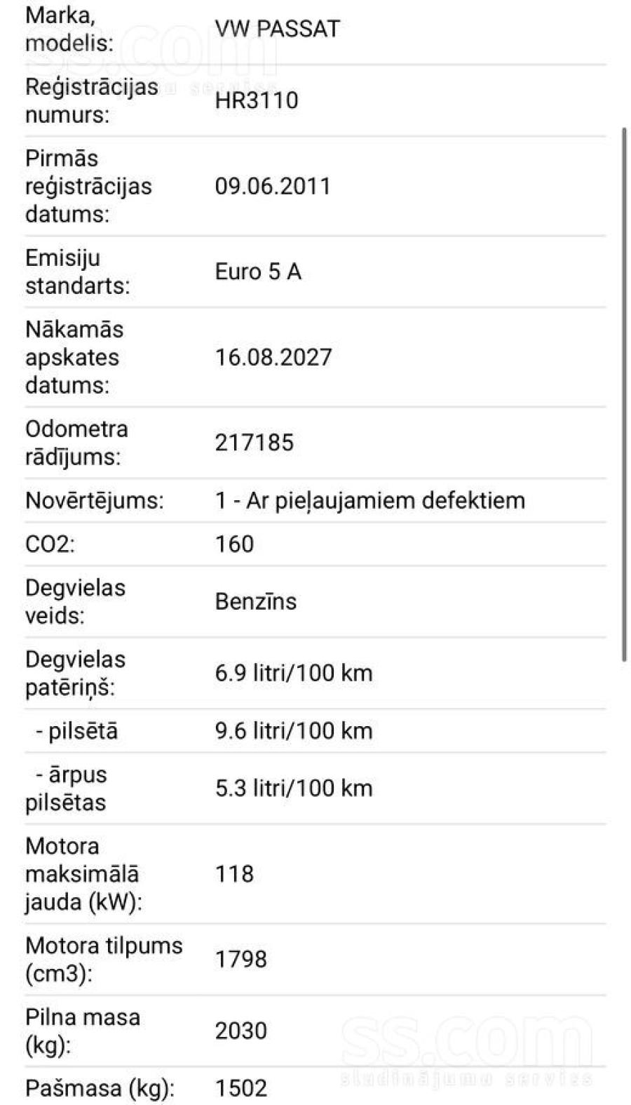 Черный Фольксваген Пассат Б7 2011 в Рига, объемом двигателя 1.80 л и пробегом 218 тыс. км за 2750 €, фото 13 на AUTOMOTO.COM.LV