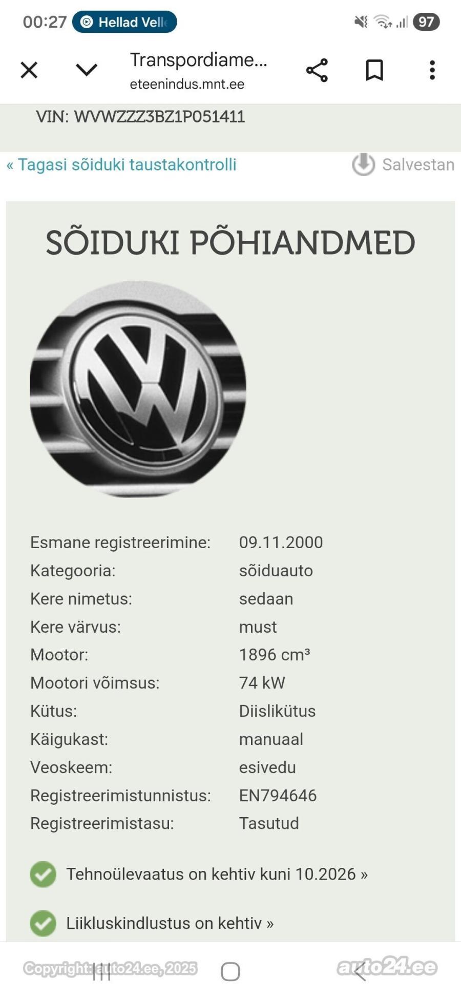 Black Volkswagen Passat 2000 in Tartu, with an engine capacity of 1.90 L and mileage of 368 thousand km for 1499 €, photo 30 on AUTOMOTO.COM.LV