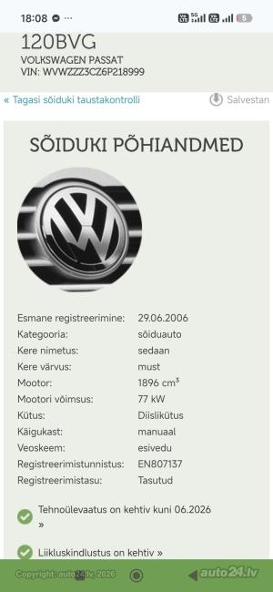 Black Volkswagen Passat 2006 in Tallinn, with an engine capacity of 1.90 L and mileage of 322 thousand km for 2999 €, photo 17 on AUTOMOTO.COM.LV