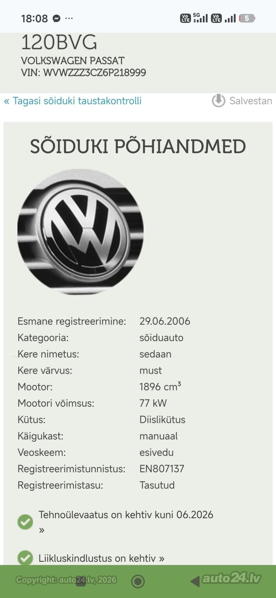 Black Volkswagen Passat 2006 in Tallinn, with an engine capacity of 1.90 L and mileage of 322 thousand km for 2999 €, photo 17 on AUTOMOTO.COM.LV