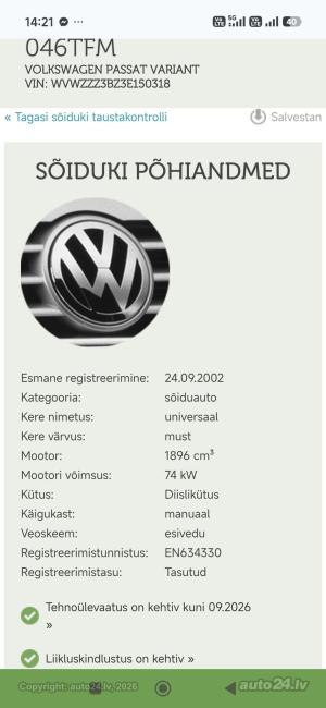 Черный Фольксваген Пассат 2002 в Тарту, объемом двигателя 1.90 л и пробегом 0 тыс. км за 1699 €, фото 13 на AUTOMOTO.COM.LV