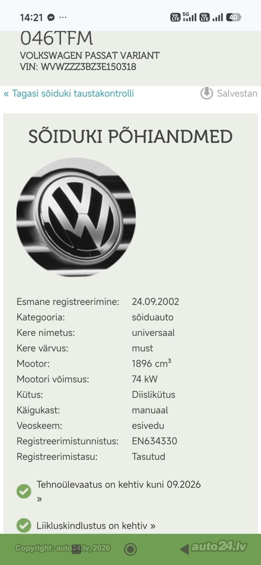 Черный Фольксваген Пассат 2002 в Тарту, объемом двигателя 1.90 л и пробегом 0 тыс. км за 1699 €, фото 13 на AUTOMOTO.COM.LV