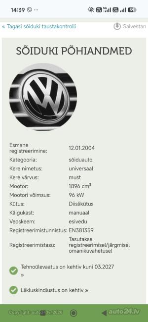 Black Volkswagen Passat 2004 in Tallinn, with an engine capacity of 1.90 L and mileage of 0 thousand km for 999 €, photo 10 on AUTOMOTO.COM.LV