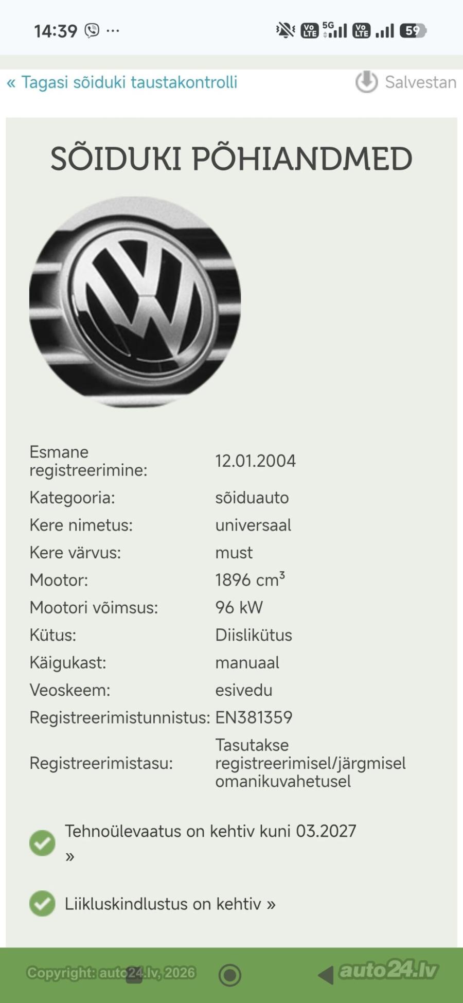 Black Volkswagen Passat 2004 in Tallinn, with an engine capacity of 1.90 L and mileage of 0 thousand km for 999 €, photo 10 on AUTOMOTO.COM.LV