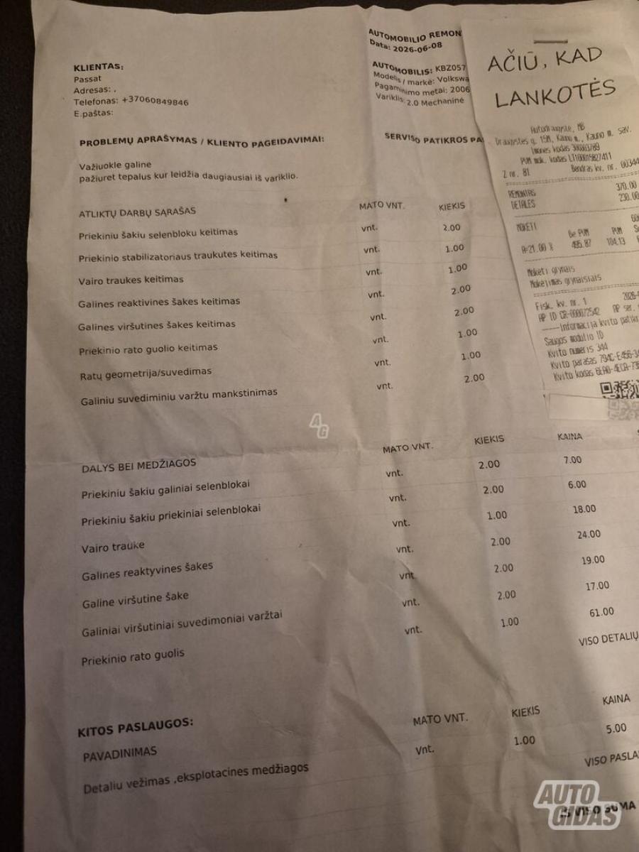 Черный Фольксваген Пассат 2006 в Каунас, объемом двигателя 2.00 л и пробегом 370 тыс. км за 1400 €, фото 15 на AUTOMOTO.COM.LV