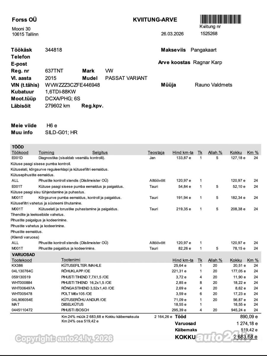 Black Volkswagen Passat 2015 in Tallinn, with an engine capacity of 1.60 L and mileage of 275 thousand km for 7990 €, photo 18 on AUTOMOTO.COM.LV