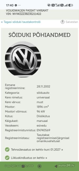Blue Volkswagen Passat 2002 in Tartu, with an engine capacity of 1.90 L and mileage of 0 thousand km for 1999 €, photo 13 on AUTOMOTO.COM.LV