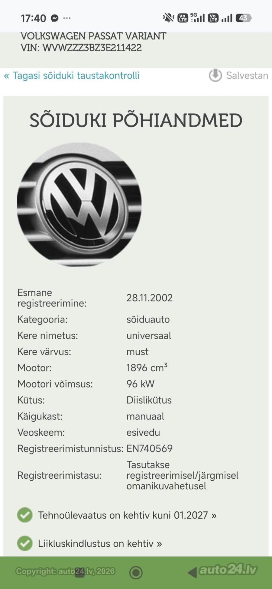 Blue Volkswagen Passat 2002 in Tartu, with an engine capacity of 1.90 L and mileage of 0 thousand km for 1999 €, photo 13 on AUTOMOTO.COM.LV