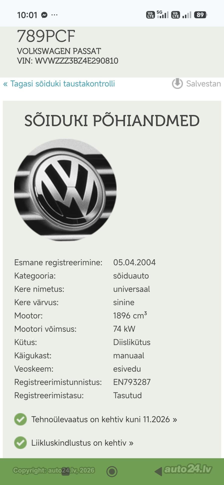 Синий Фольксваген Пассат 2004 в Тарту, объемом двигателя 1.90 л и пробегом 309 тыс. км за 1299 €, фото 13 на AUTOMOTO.COM.LV