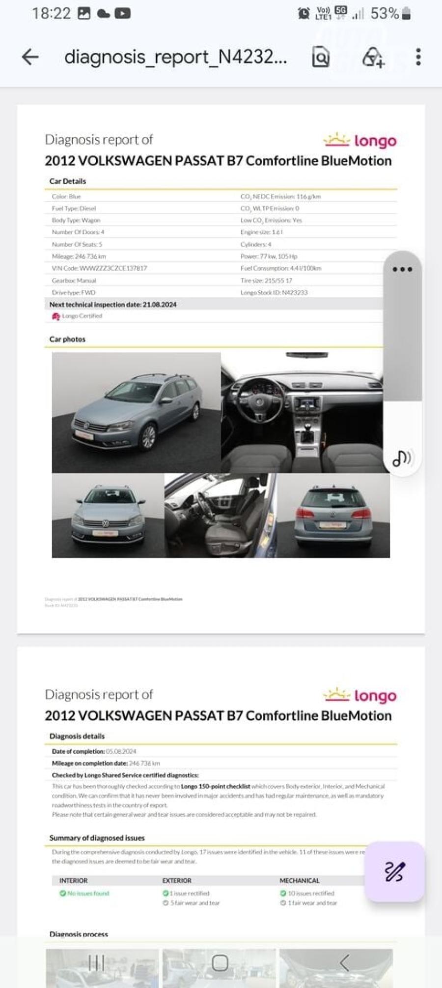 Zils Volkswagen Passat 2012 Panevēža, ar dzinēja tilpumu 1.60 L un nobraukumu 273 tūkst. km par 5000 €, foto 25 vietnē AUTOMOTO.COM.LV